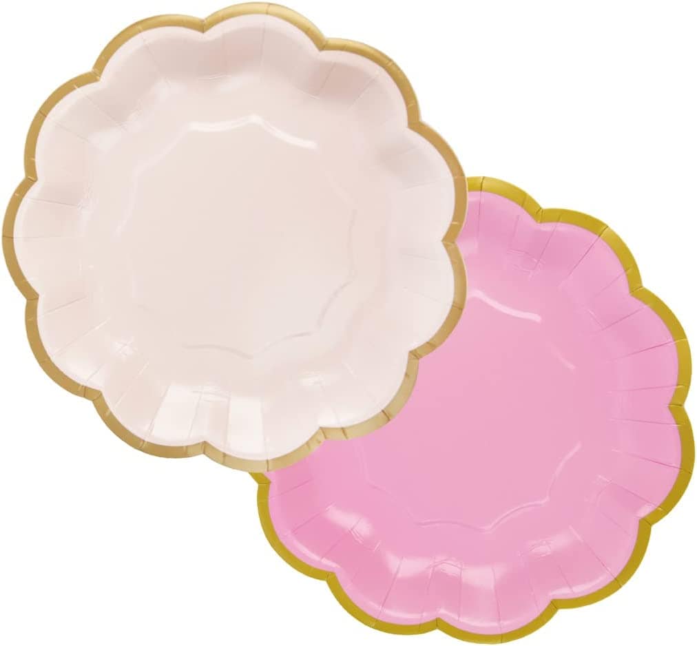 Dökkbleikir og ljósbleikir pappa diskar með gylltri rönd- 18cm, 12stk ...